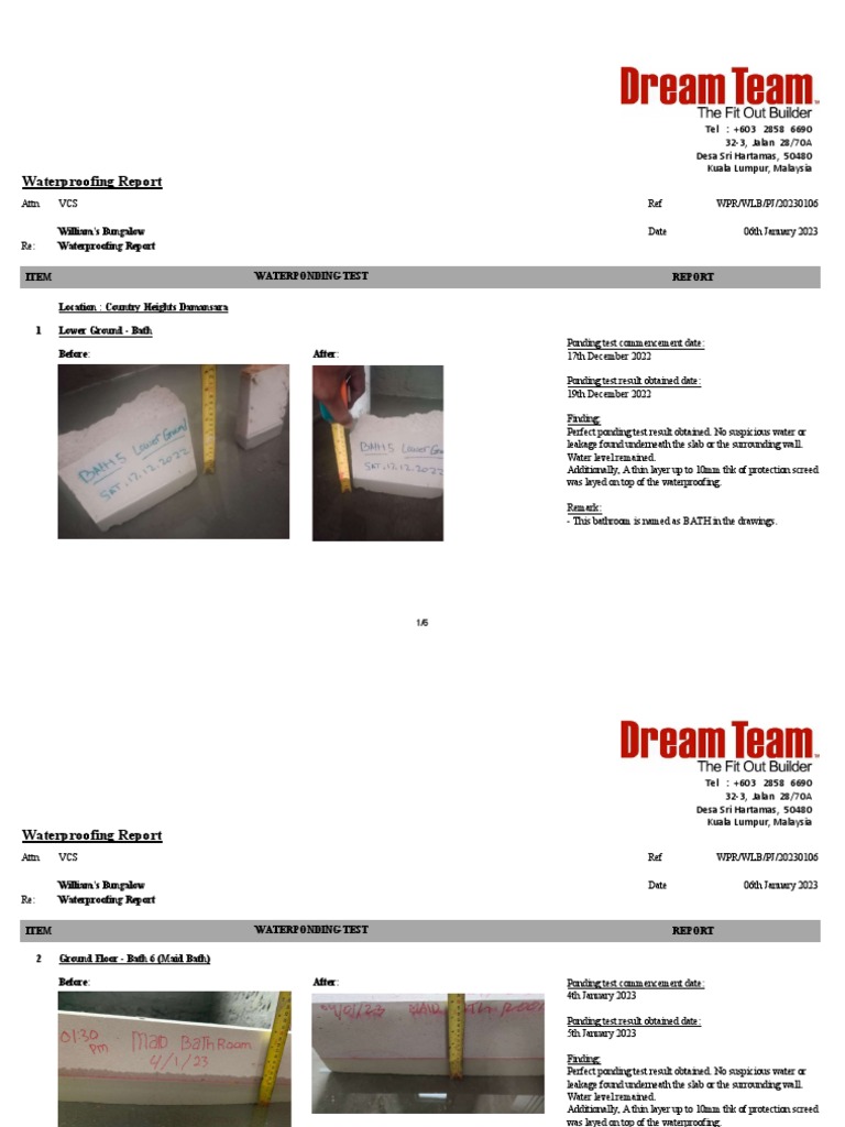 William's Bungalow - Waterproofing Report WPRWLBPJ20230106 | PDF ...