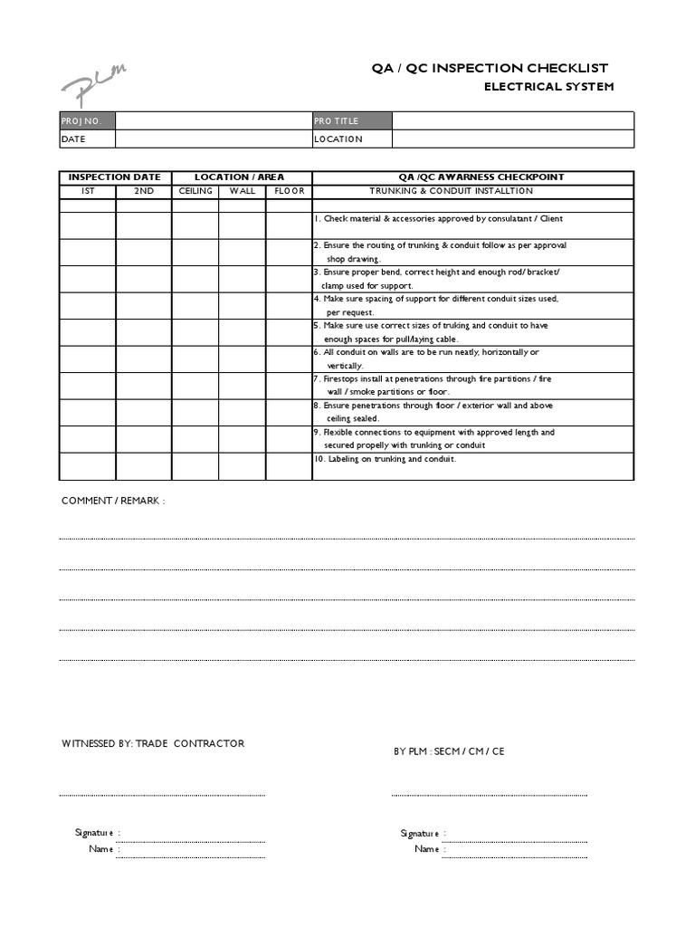 Electrical QA/QC Inspection Checklist | PDF | Electrical Connector | Wall