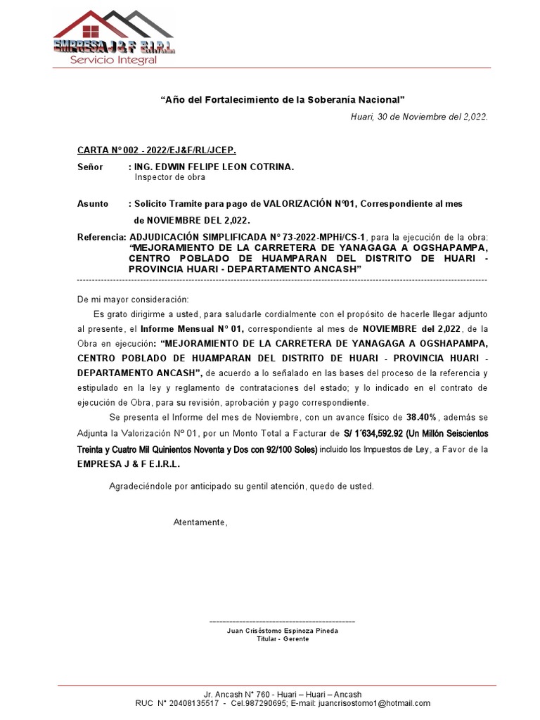 1.00 Carta de Presentación Del Informe Mensual de Valorización de Obra | PDF