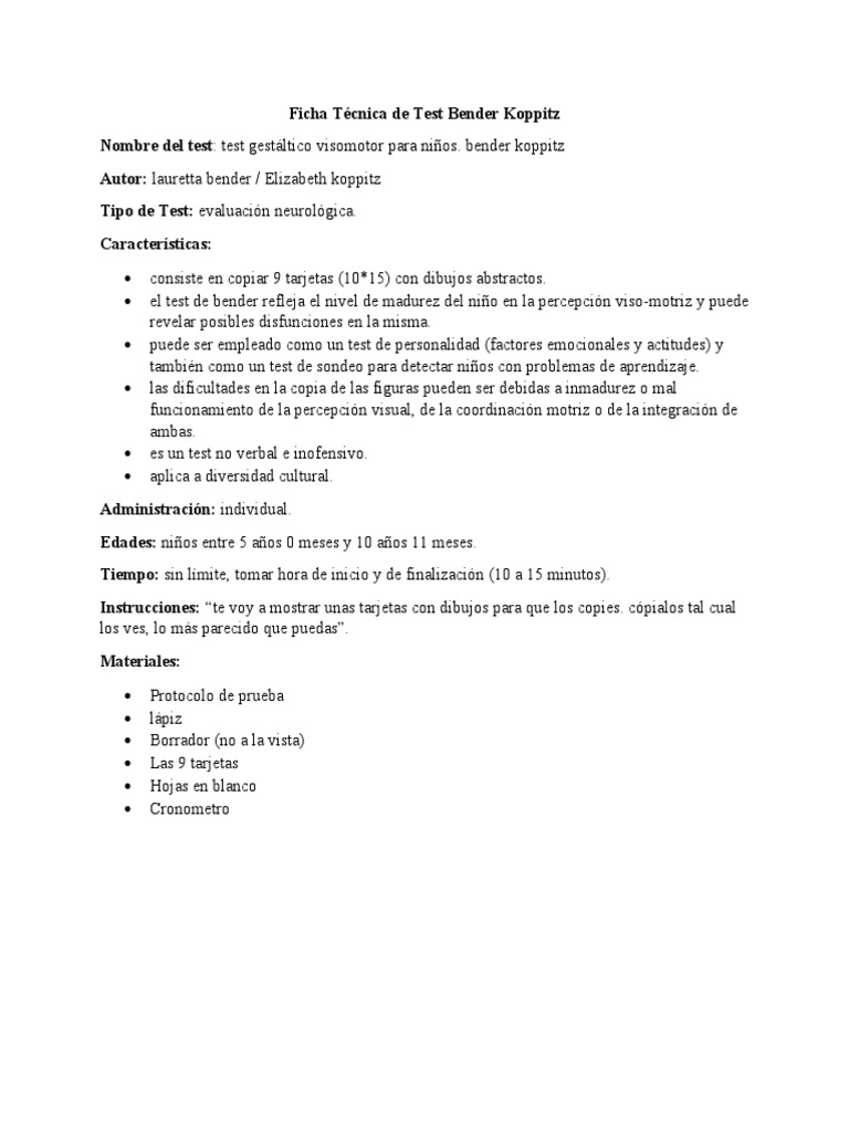 Ficha Técnica de Test Bender Koppitz | PDF | Aprendizaje | Neurociencia