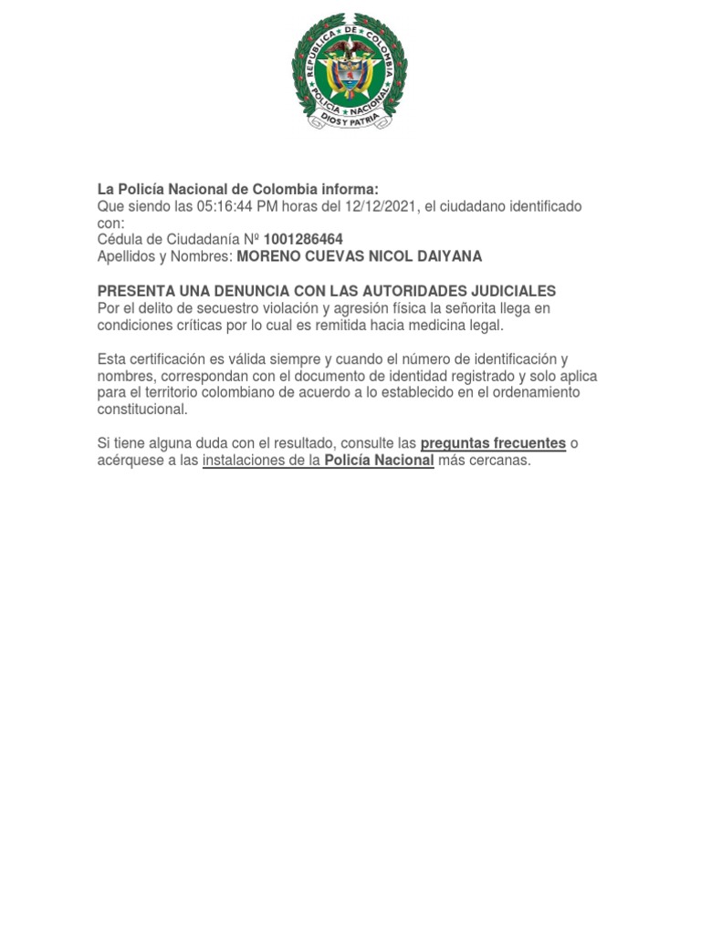 Denuncia Policia Nacional de Colombia SIPQRS | PDF