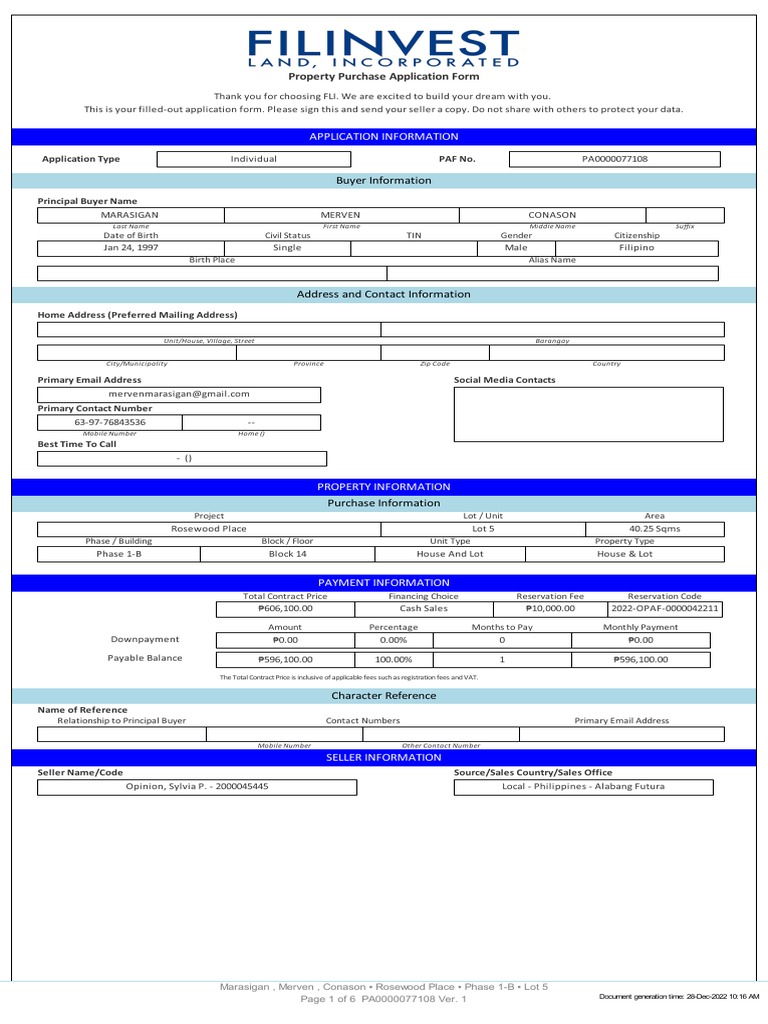 Property Purchase Application Form | PDF | Prices | Payments