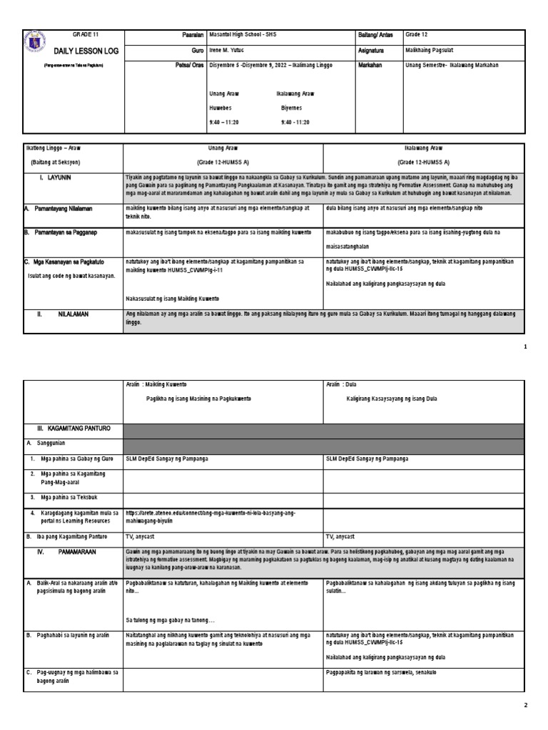 Q2 Week 5-DLL-Malikhaing Pagsulat | PDF
