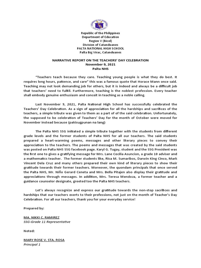 Narrative Report (Teachers' Day Celebration) | PDF | Educational ...