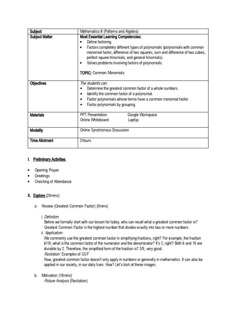 Common Monomial Factoring Pdf Factorization Polynomial