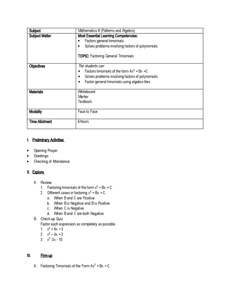 Lesson3-Factoring General Trinomials Condition 2 | PDF | Algebra ...