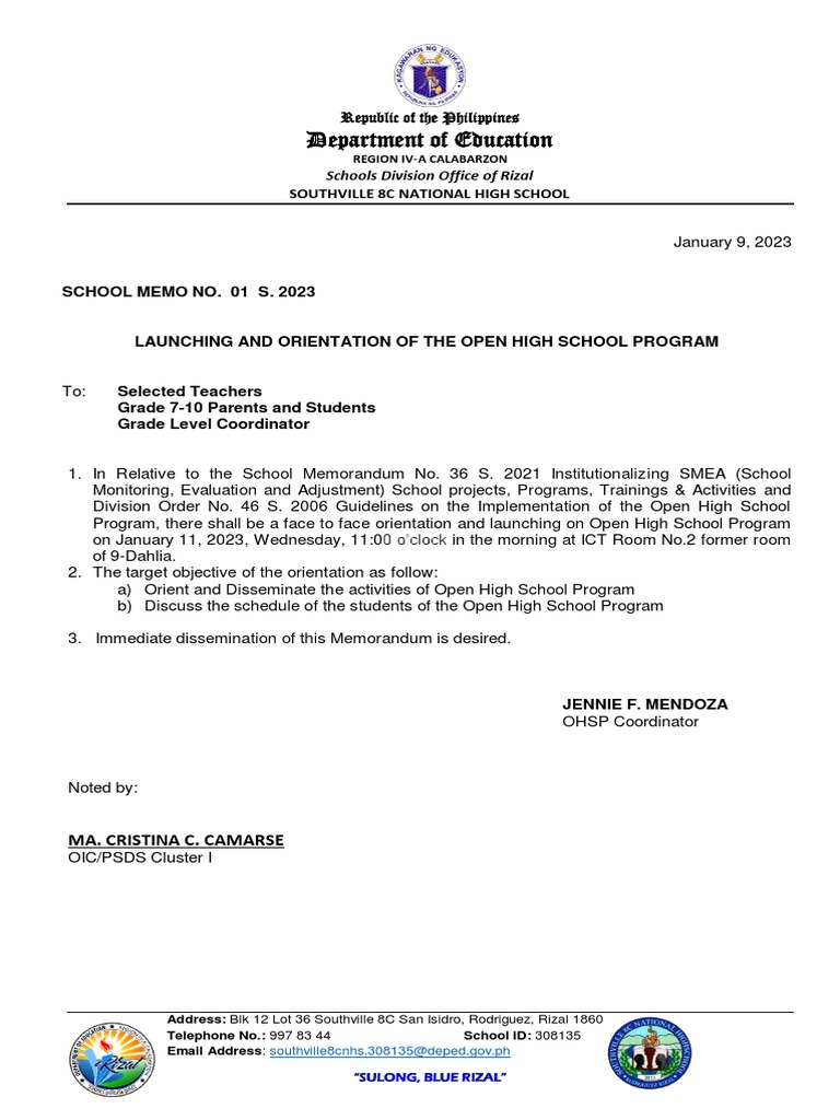 OHSP Launhing Memo | PDF