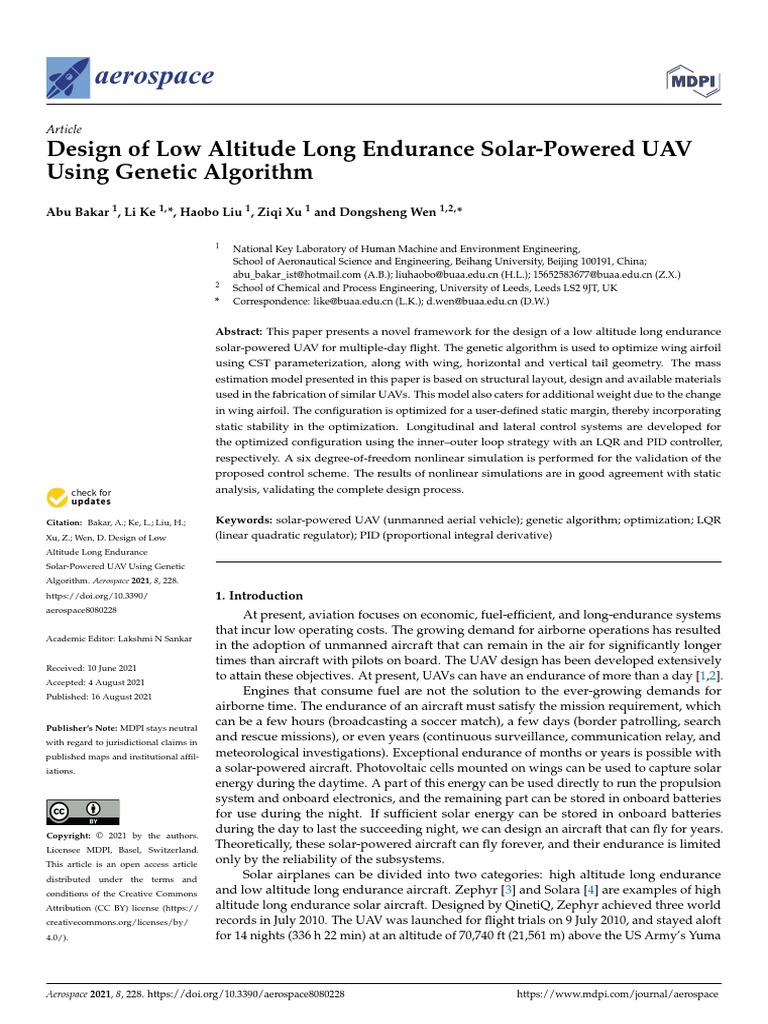 Design of Low Altitude Long Endurance Solar-Powered UAV Using Genetic Algorithm | PDF | Fuselage ...