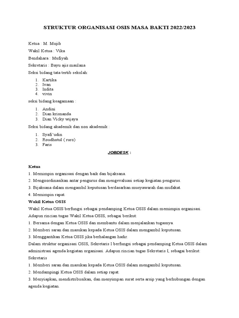 Struktur Organisasi Osis Masa Bakti 2023 | PDF