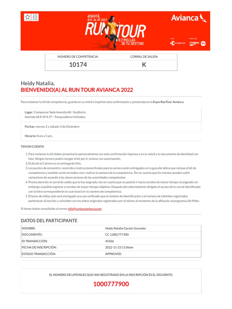 RUN TOUR AVIANCA 2022 - A 6.2 Millas de Tu Destino | PDF