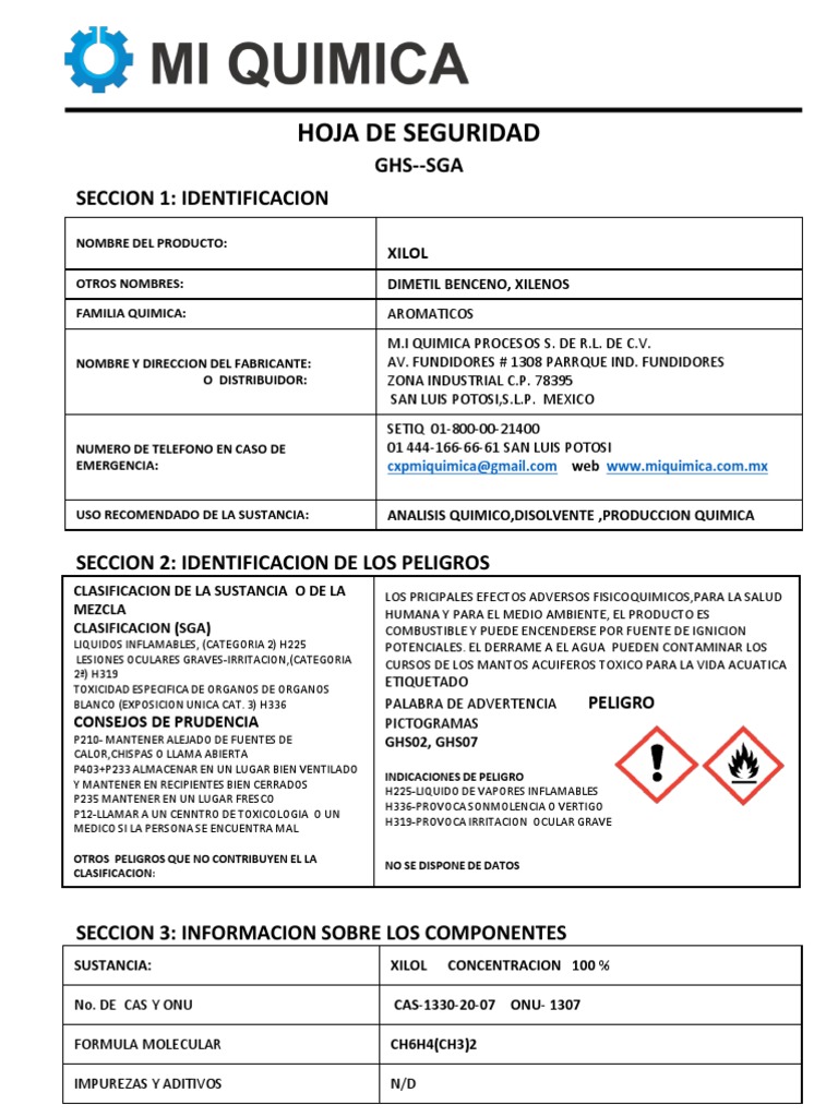 Hoja de Seguridad Xilol (Sga) | PDF | Agua | Toxicidad