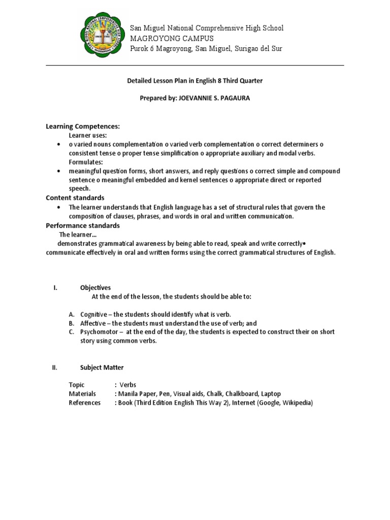 English 8 Lesson Plan: Verbs | PDF | English Language | Verb