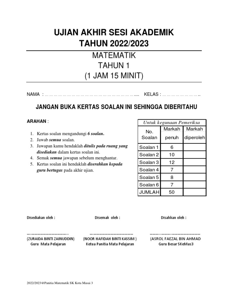 Uasa Math Tahun 1 - SKKM3 | PDF