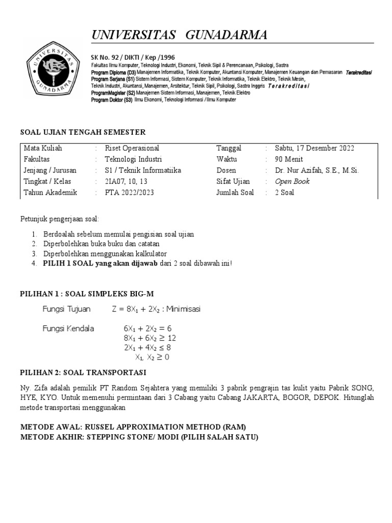 Soal UTS Riset Operasional Gunadarma | PDF
