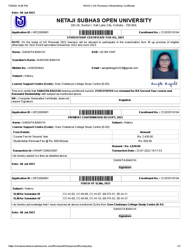 NSOU - UG Renewal - Studentship Certificate | PDF | Service Industries