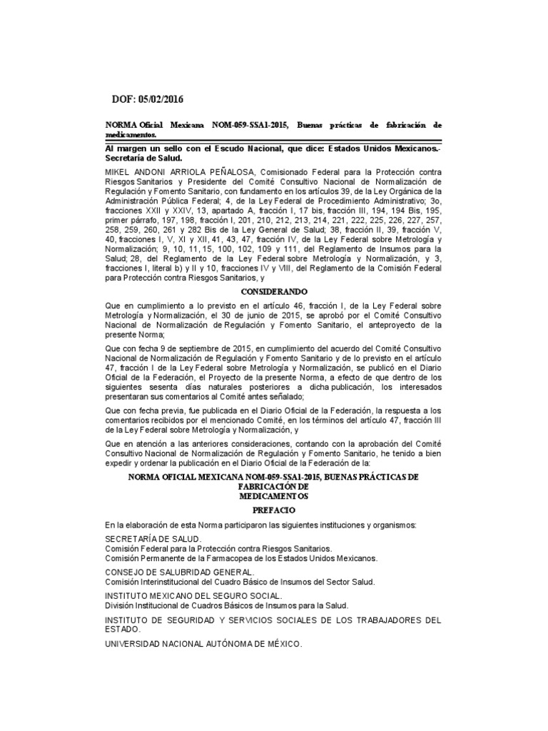Nom 059-2015 | PDF | Calidad (comercial) | Medicamentos con receta