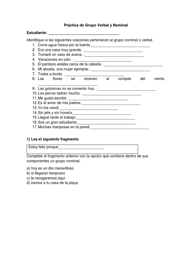 Ejercicios de Grupos Nominales y Verbales | PDF