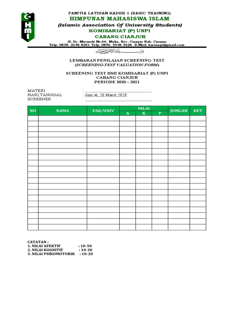 Lembaran Penilaian Screening Test | PDF