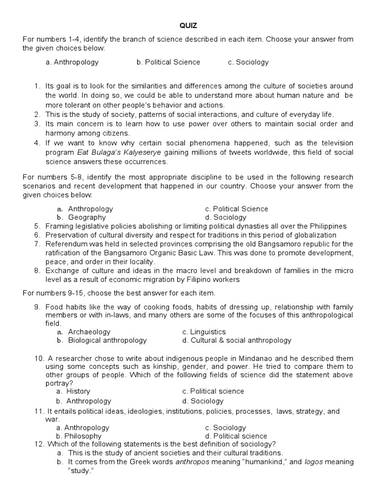 Lesson 1 Quiz | PDF | Anthropology | Sociology