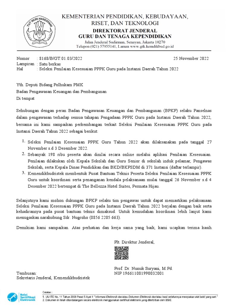 Surat BPKP Penilaian Kesesuaian Seleksi Guru PPPK Tahun 2022 | PDF