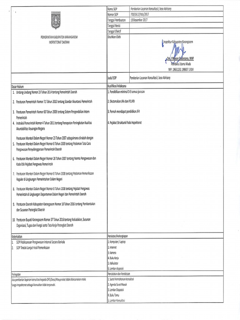 SOP Pemberian Layanan Konsultasi Jasa Advisory | PDF