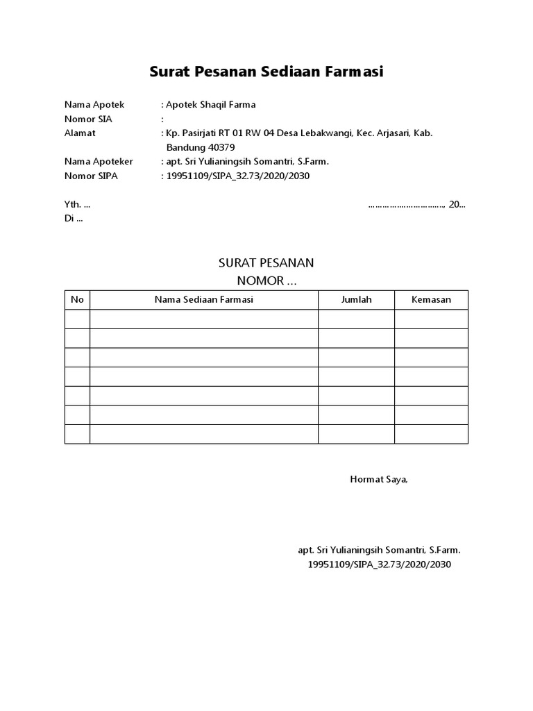 Surat Pesanan Sediaan Farmasi | PDF