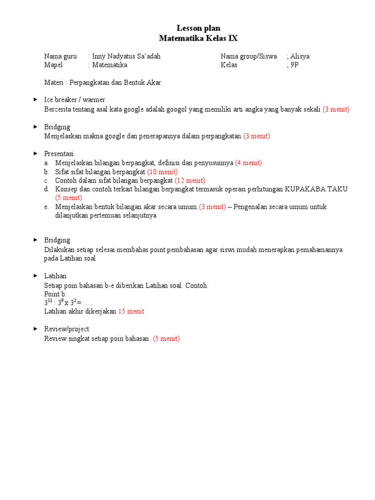 Lesson Plan MTK KELAS IX Perpangkatan Dan Bentuk Akar | PDF