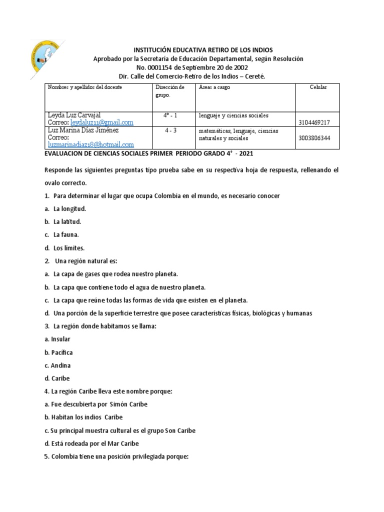 Evaluación Ciencias Sociales 1° Primaria | PDF | Colombia | Andes