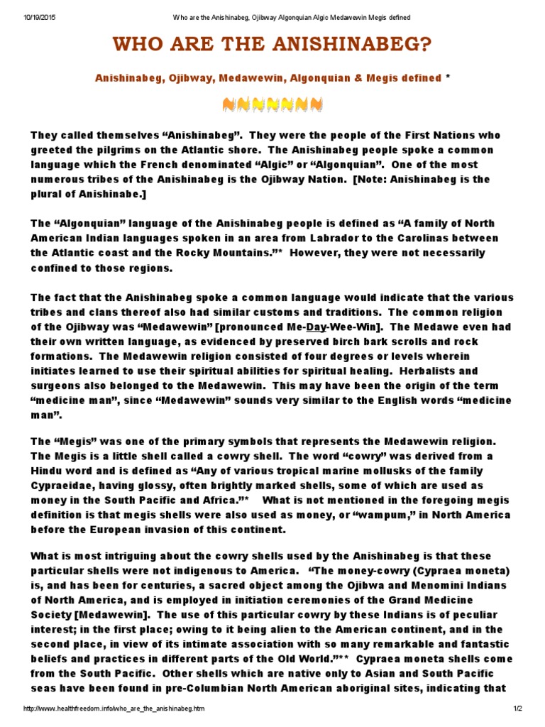 Who Are The Anishinabeg, Ojibway Algonquian Algic Medawewin Megis ...
