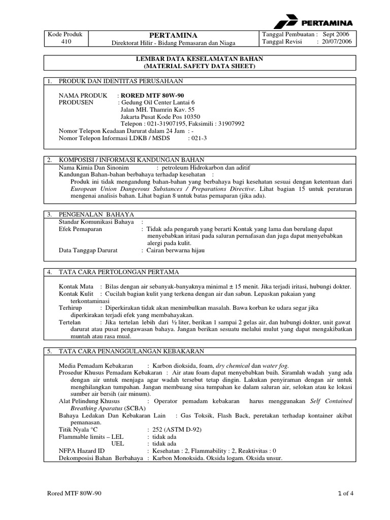 Pelumas Pertamina MSDS-Rored MTF 80W 90 | PDF