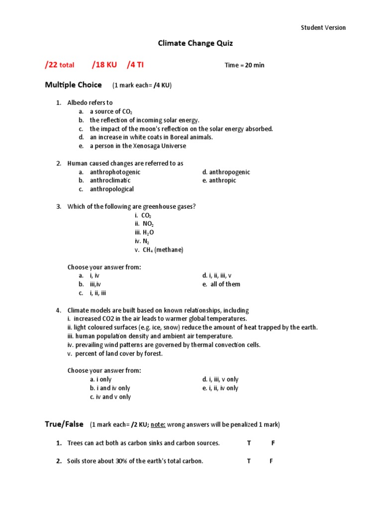 Climate Change Quiz | PDF | Climate Change | Greenhouse Effect