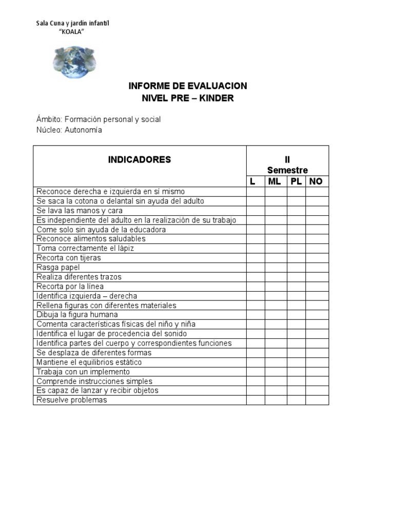 Informe De Evaluacion Pre Kinder Pdf Educación De La Primera 8440