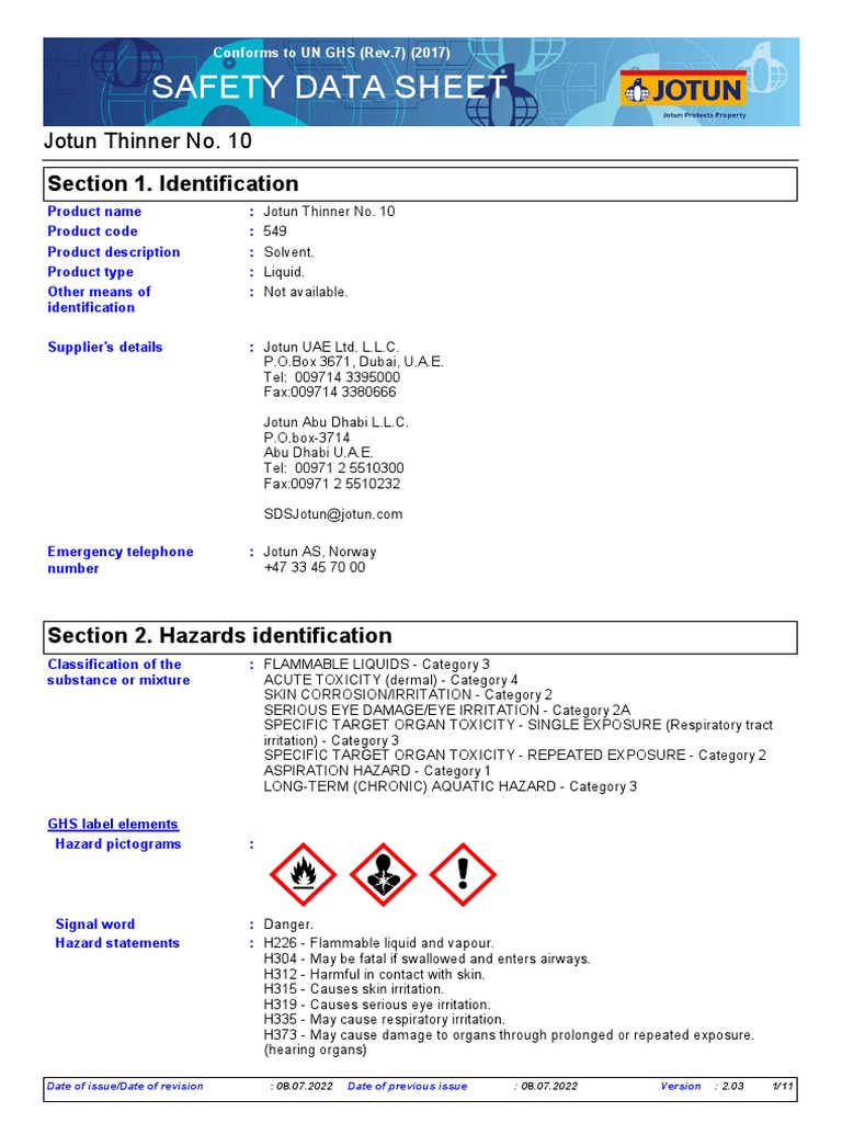 SDS 549 Jotun Thinner No. 10 Euk AE | PDF | Toxicity | Chemistry