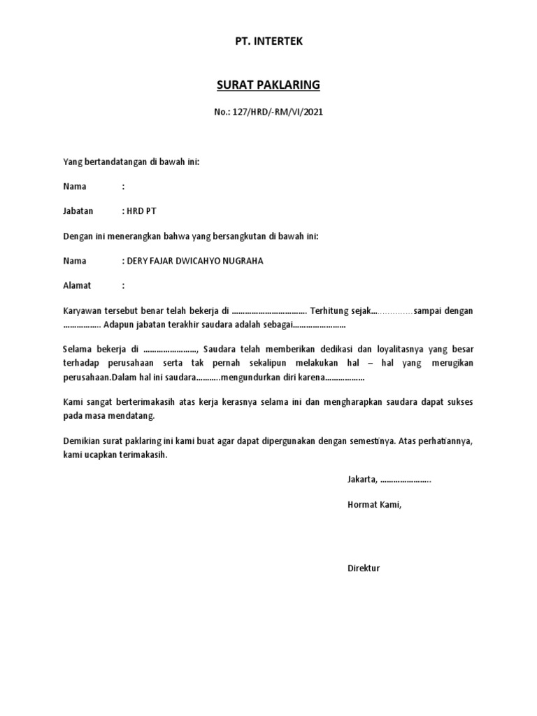 Contoh Surat Paklaring Resign Karyawan | PDF