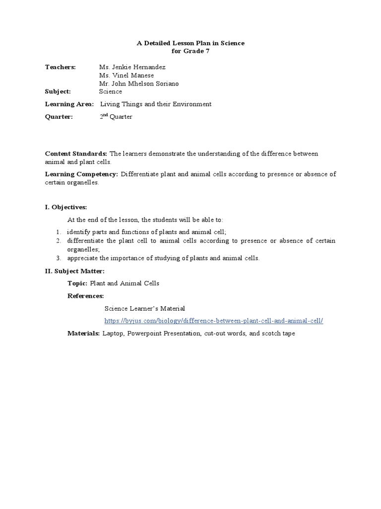 Plant and Animal Cells A Detailed Lesson Plan | PDF | Endoplasmic ...