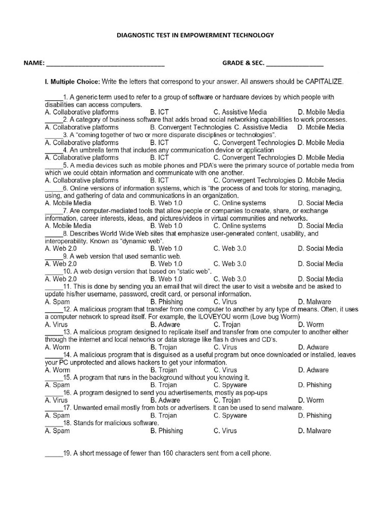 Diagnostic Test in Empowerment Technology | PDF