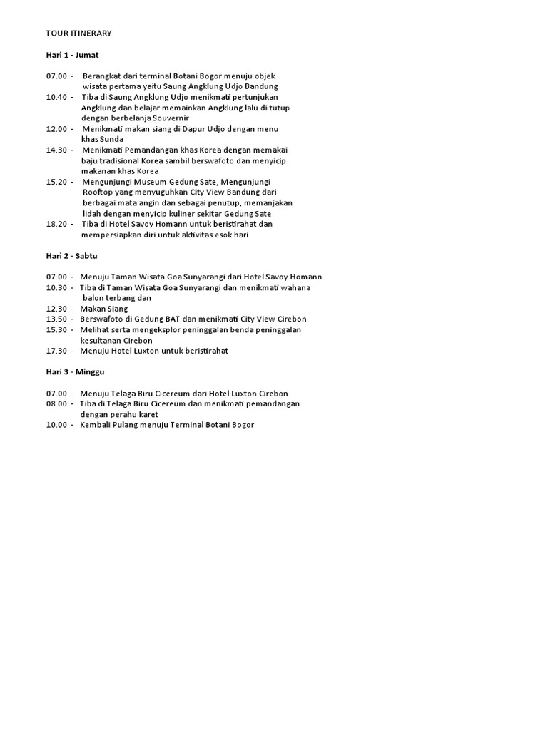 Tour Itinerary 3d2n West Java Tour | PDF | Griya & Taman