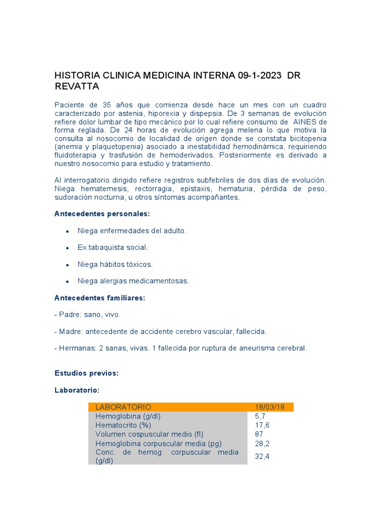 Historia Clinica Medicina Interna 09-1-2023 DR Revatta | PDF | Leucocito | Sistema digestivo humano