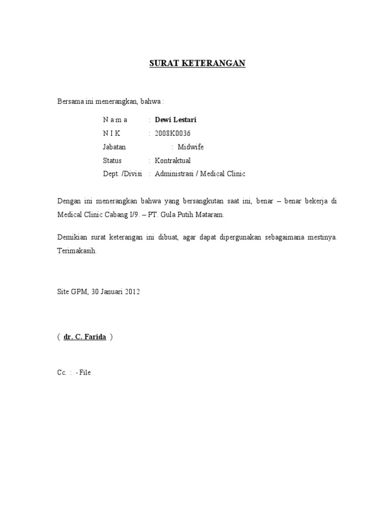 Surat Keterangan Karyawan Medis GPM | PDF | Sains & Matematika