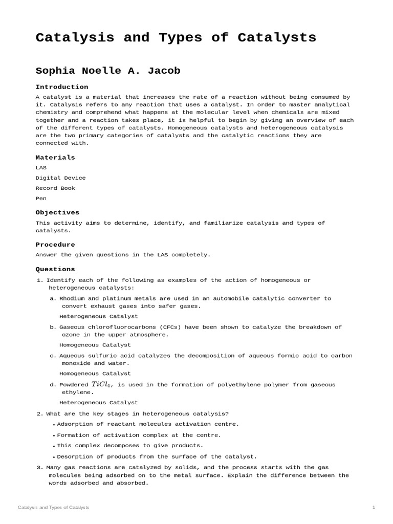 Catalysis and Types of Catalysts | PDF | Catalysis | Heterogeneous ...