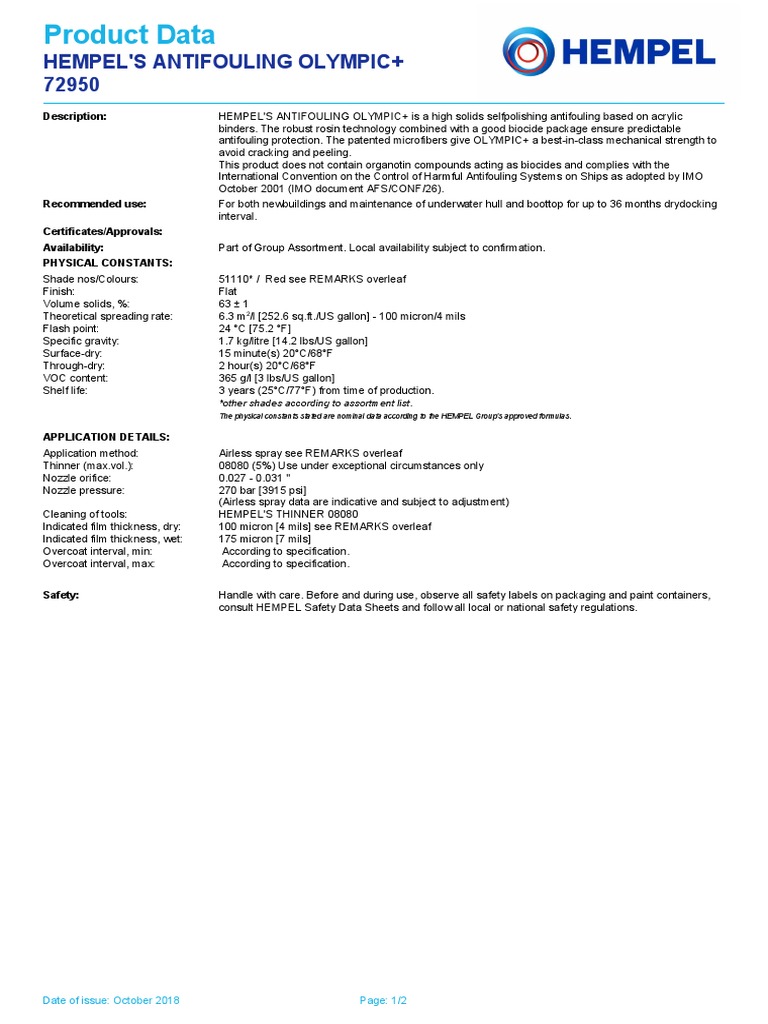 PDS Hempel's Antifouling Olympic 72950 en-GB | PDF | Paint | Pump