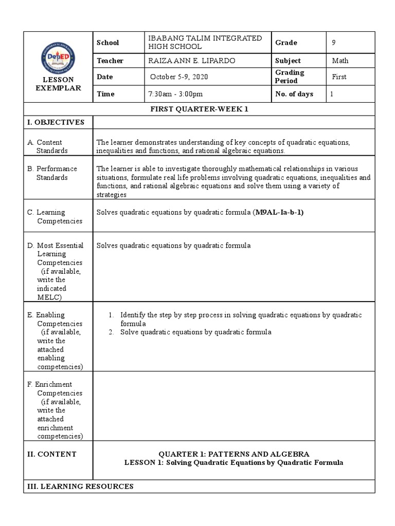 DLL Math9 Q1 W1 L5 | Download Free PDF | Quadratic Equation | Equations