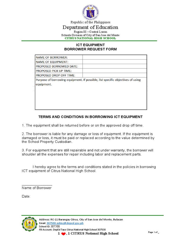 Citrus High School Equipment Borrowing Form | PDF | Social Science