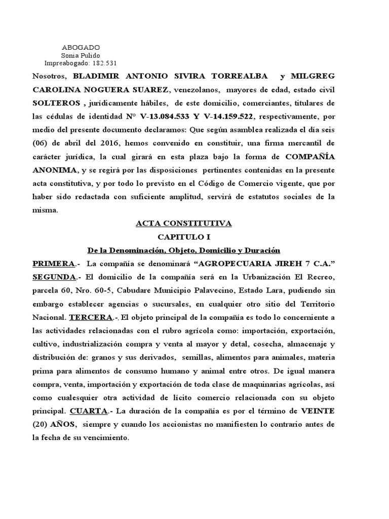 Acta Constitutiva de Agropecuaria Jireh7 C.A (3) C | PDF | Compartir (Finanzas) | Bancos