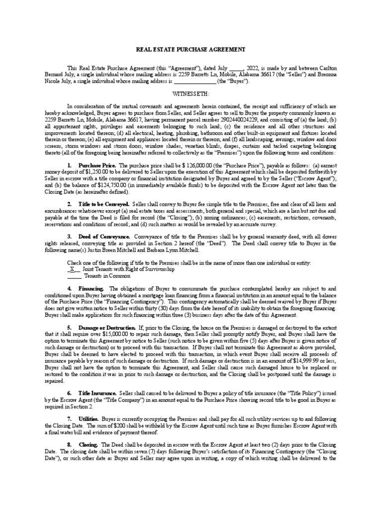 REAL ESTATE PURCHASE AGREEMENT (Vidot) | PDF | Title Insurance | Deed