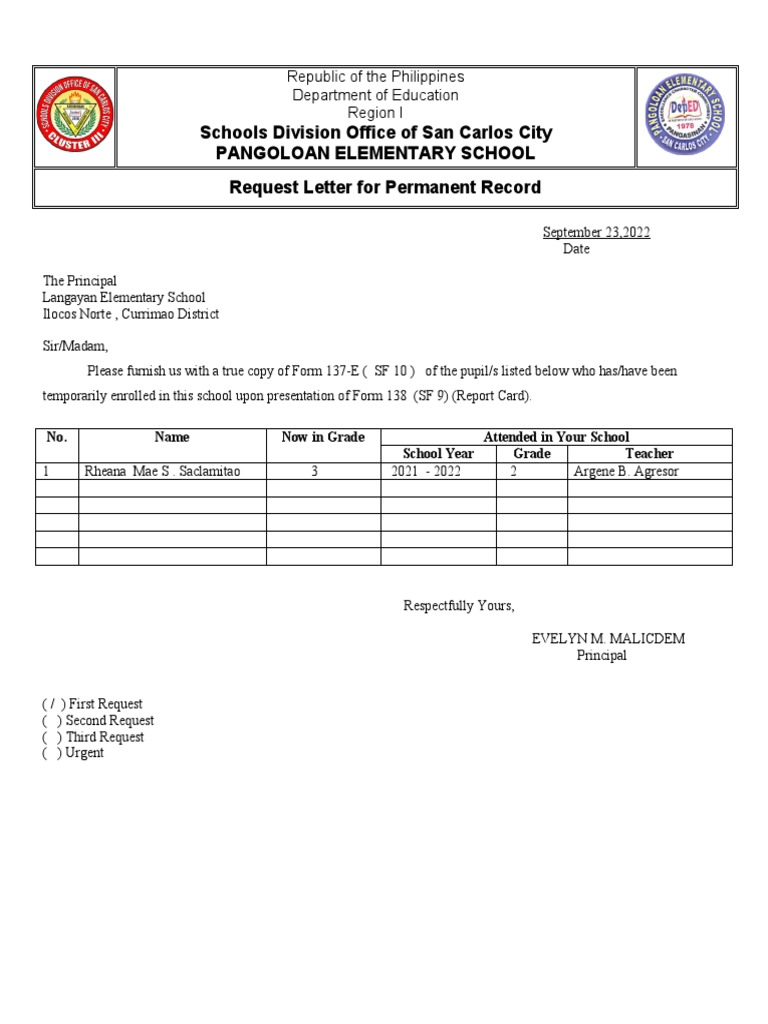 Request-Letter-For-Permanent-Record of Arthur Paul D. Gores | PDF ...