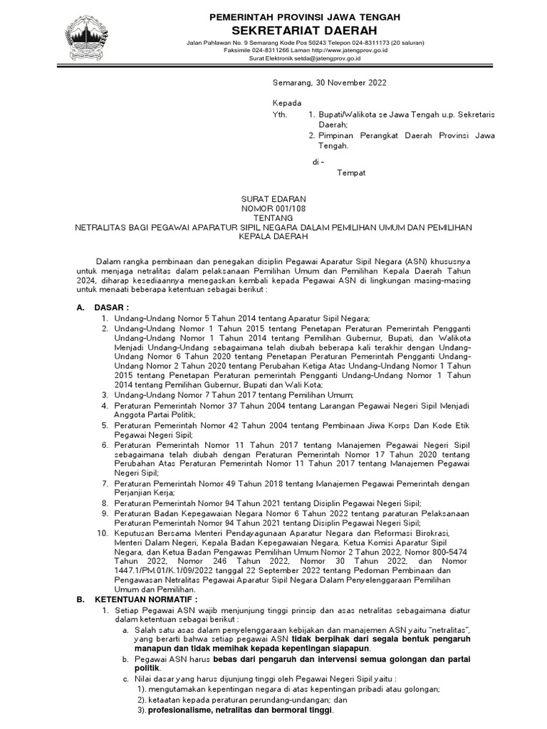 SE Netralitas ASN Pemprov Jateng | PDF SE Netralitas ASN Pemprov Jateng | PDF