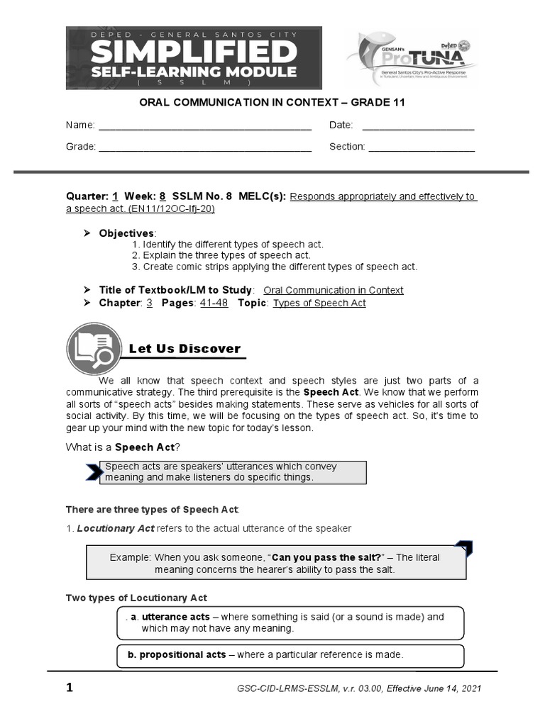 SSLM-OC-Q1-WEEK 8 - Types of Speech Acts - Oral Com | PDF | Linguistics | Human Communication