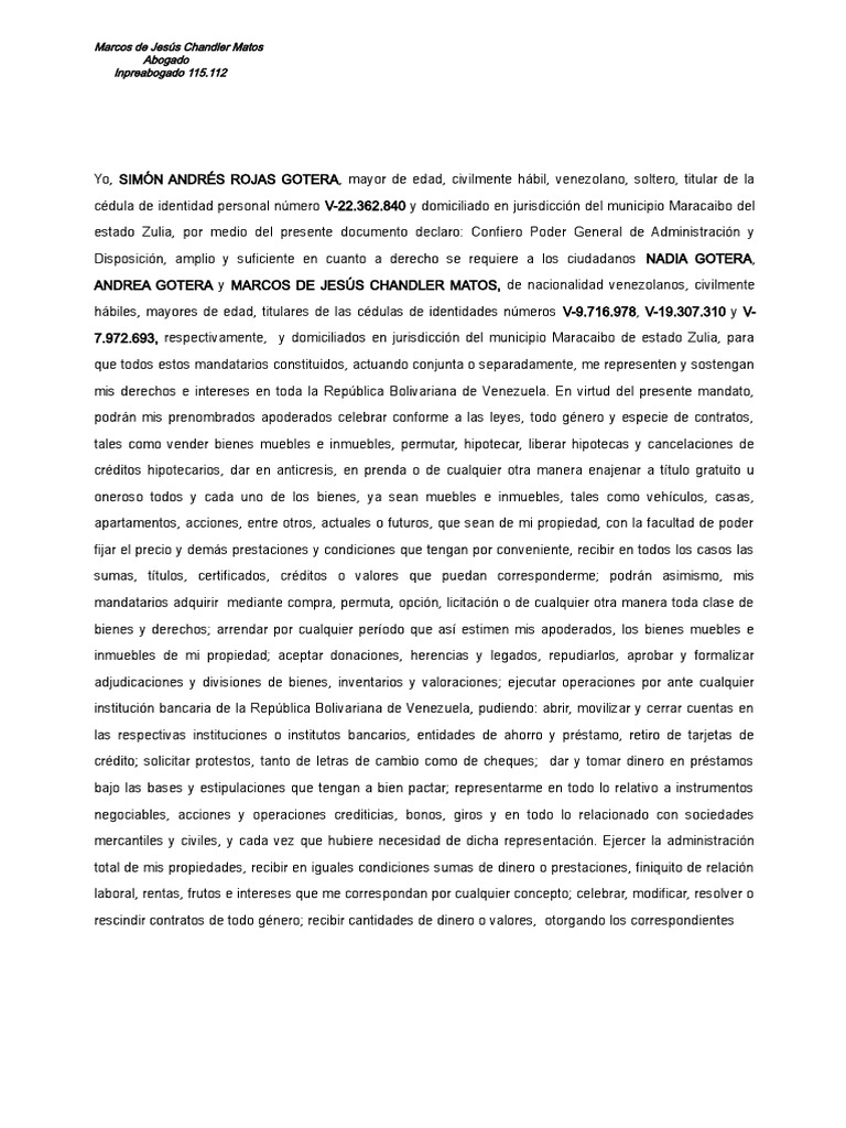 Poder General de Administración Simón Andrés Rojas Gotera 180119 | PDF ...
