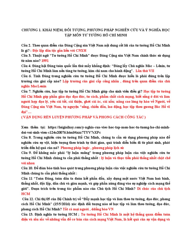 Cau Hoi Trac Nghiem TTHCM - Chuong 1 | PDF